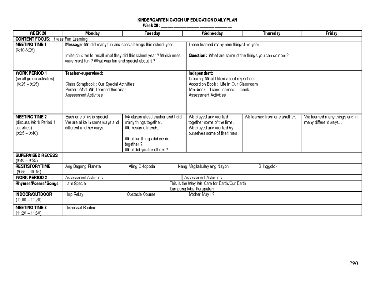 Kindergarten Lesson Plan Week 20 - KINDERGARTEN CATCH UP EDUCATION ...