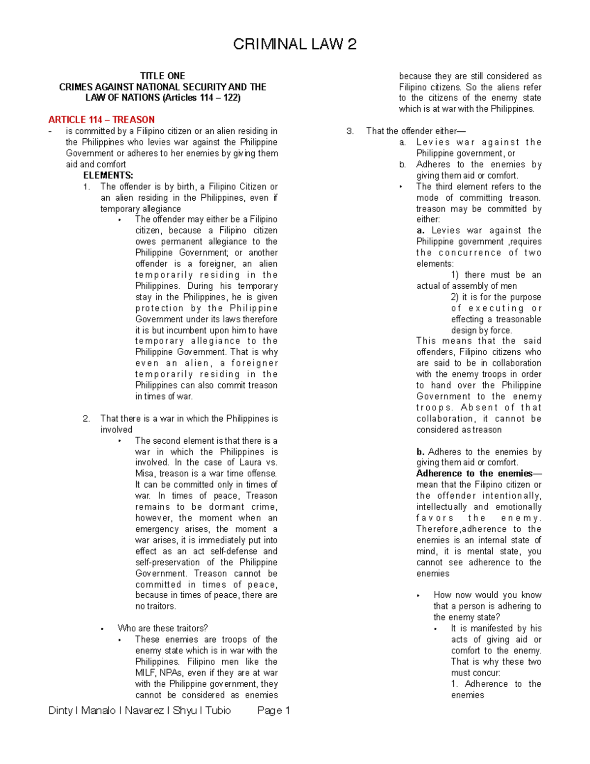 Prosec notes another one - TITLE ONE CRIMES AGAINST NATIONAL SECURITY ...