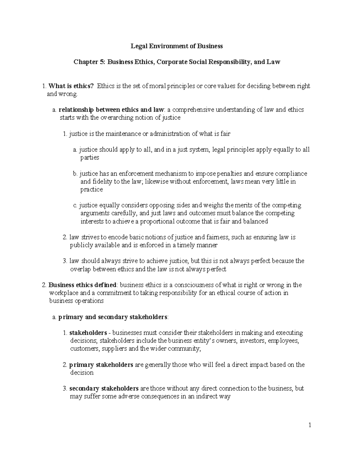 Chap 5 Outline - Business Ethics - Student Version 3-29-21 - Legal ...