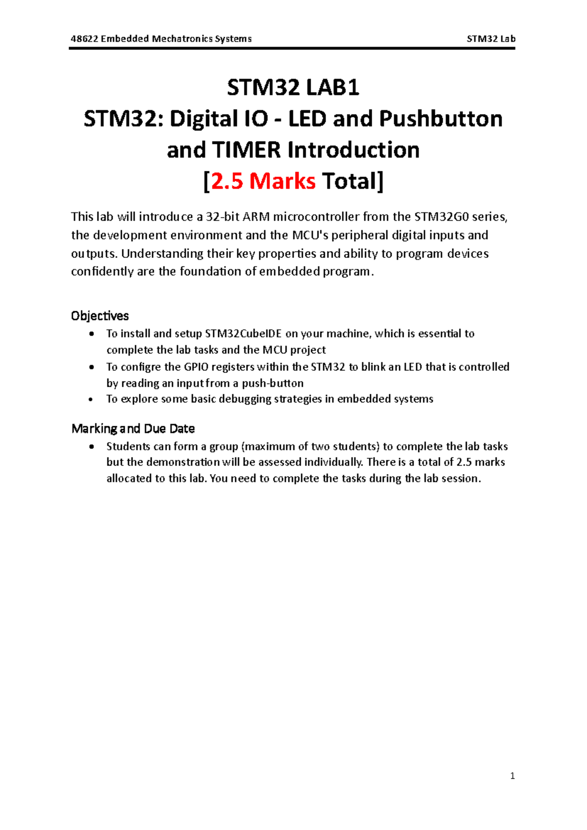 MCU LAB1-2 - STM32 LAB 1 STM32: Digital IO - LED and Pushbutton and TIMER Introduction [2 Marks ...