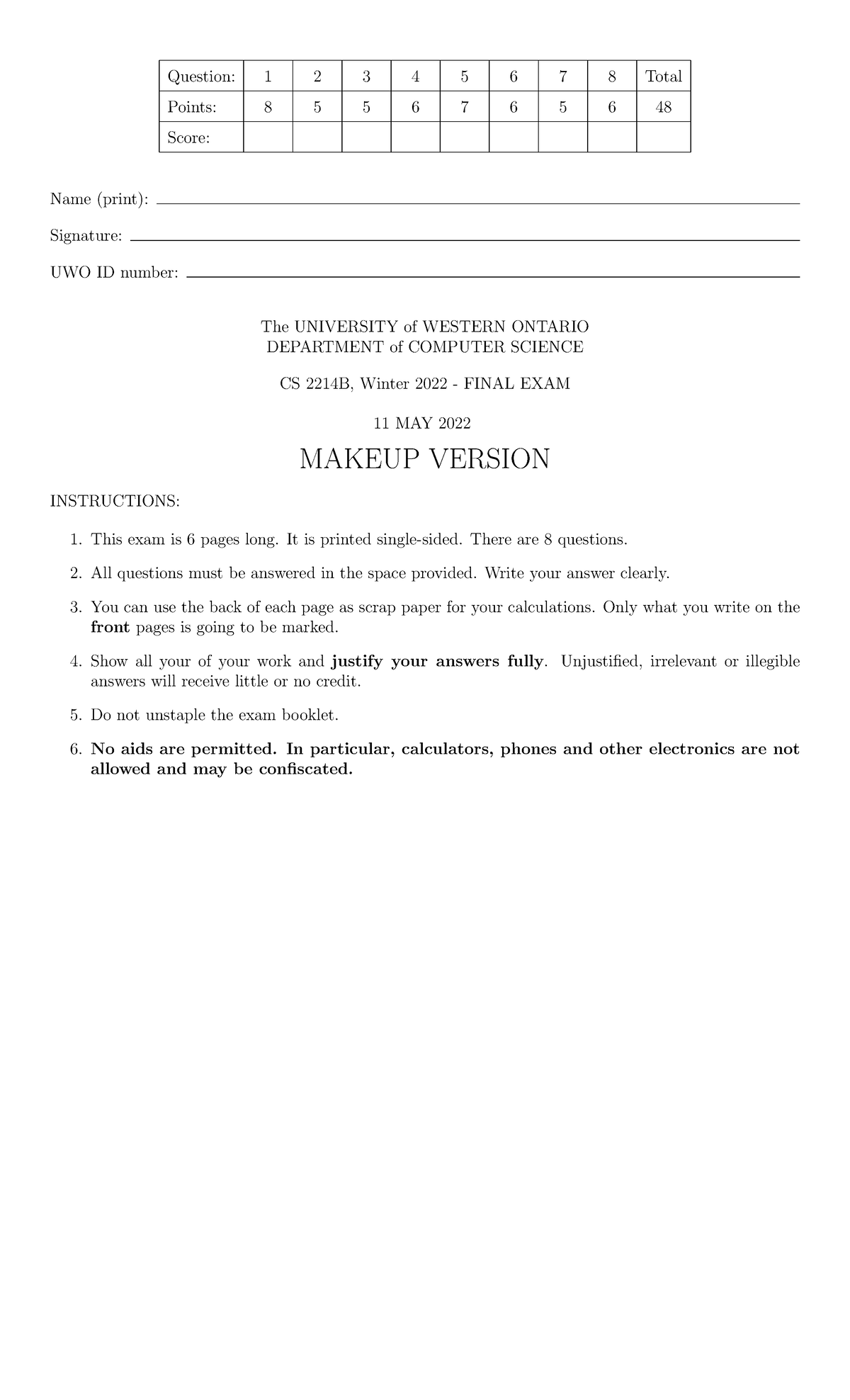 CS2214 Makeup Final 2022 - Question: 1 2 3 4 5 6 7 8 Total Points: 8 5 ...