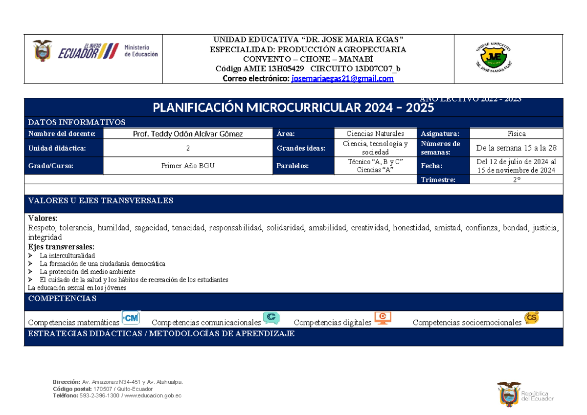 Microcurricular Segundo Trimestre Física 1ro Bachillerato 2024-2025 - Dirección: Av. Amazonas ...