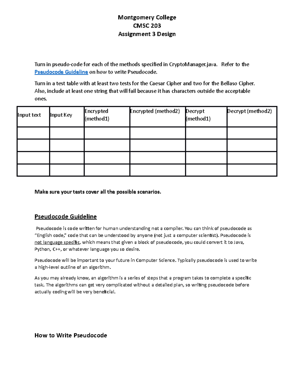 Assignment 3 Design - Montgomery College CMSC 203 Assignment 3 Design Turn in pseudo-code for ...