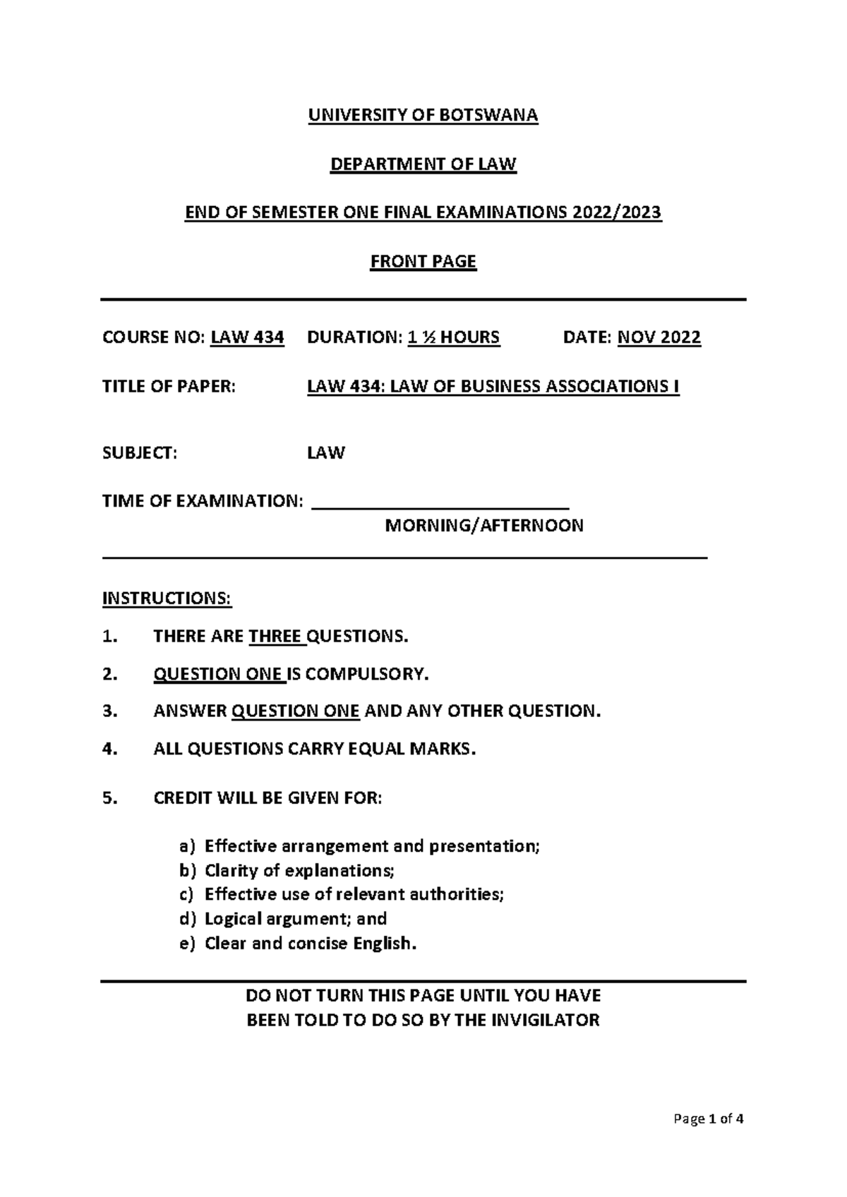 Law 434 final exam 2022 - Test paper - UNIVERSITY OF BOTSWANA ...