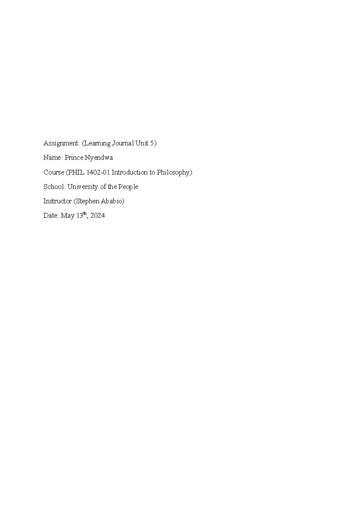 Learning Journal unit 5 - Assignment: (Learning Journal Unit 5) Name: Prince Nyendwa Course ...