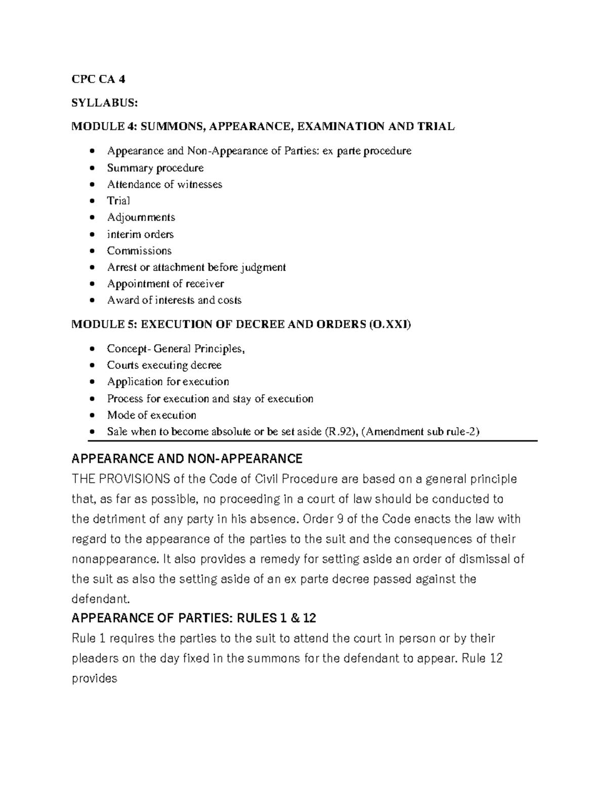 CPC CA 4 - Dghvg - CPC CA 4 SYLLABUS: MODULE 4: SUMMONS, APPEARANCE ...