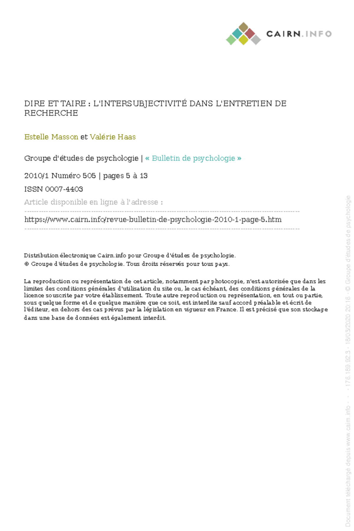 Article - Silence Entretien - DIRE ET TAIRE : L'INTERSUBJECTIVITÉ DANS ...