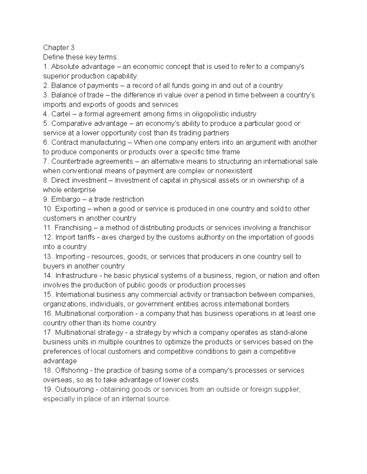 [Survey of Business] Chapter 3 Key Terms - Chapter 3 Define these key terms: Absolute advantage ...