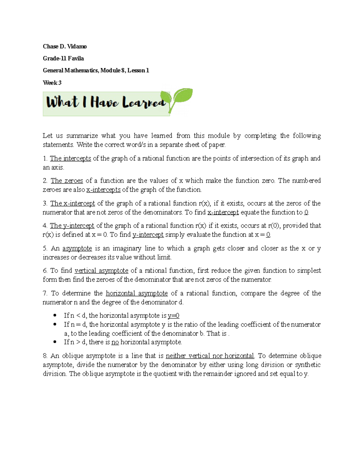 Gen Math Quarter 1 W3 - Chase D. Vidamo Grade-11 Favila General ...