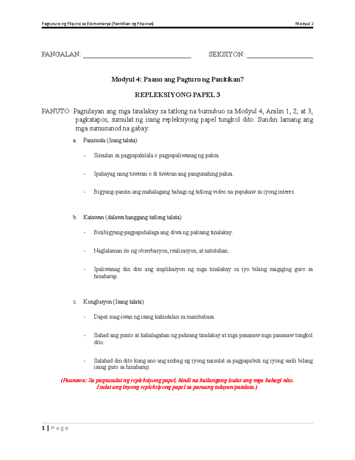 Repleksiyong Papel 4 - Reflection in Filipino - Pagtuturo ng Filipino ...