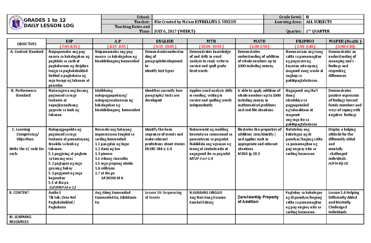 DLL ALL Subjects 2 Q1 W5 D4 - GRADES 1 to 12 DAILY LESSON LOG School: Grade Level: II Teacher ...