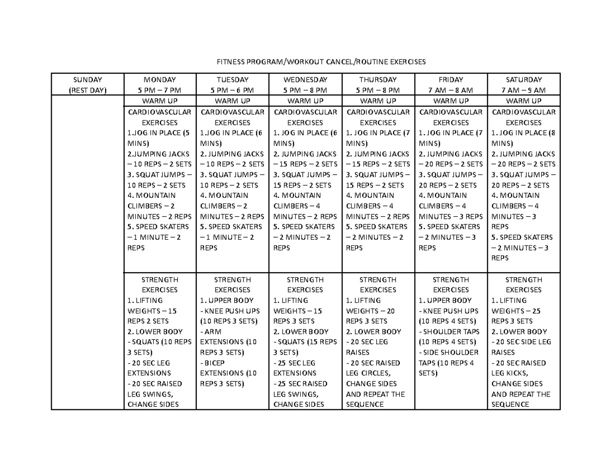 FIT PROG - fitness program - FITNESS PROGRAM/WORKOUT CANCEL/ROUTINE ...