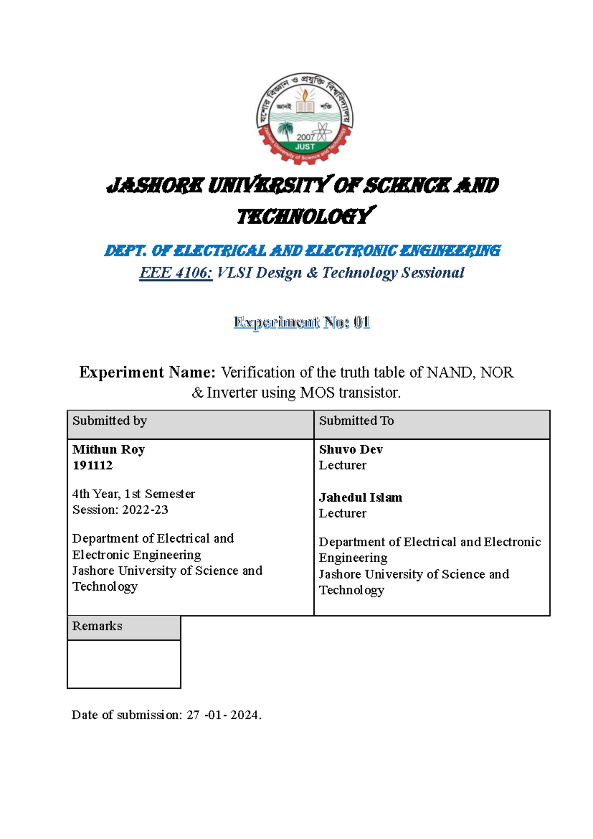 EXP-01(Verification of the truth table of NAND, NOR & Inverter using ...