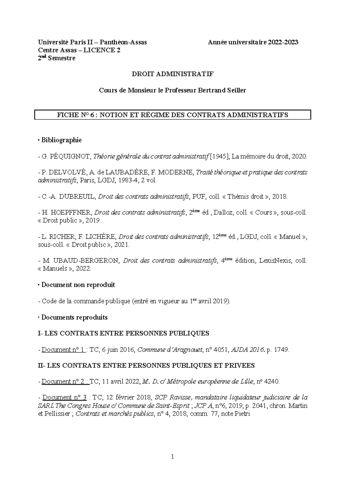 Fiche 16 Notion et regime des contrats administratifs - Université ...