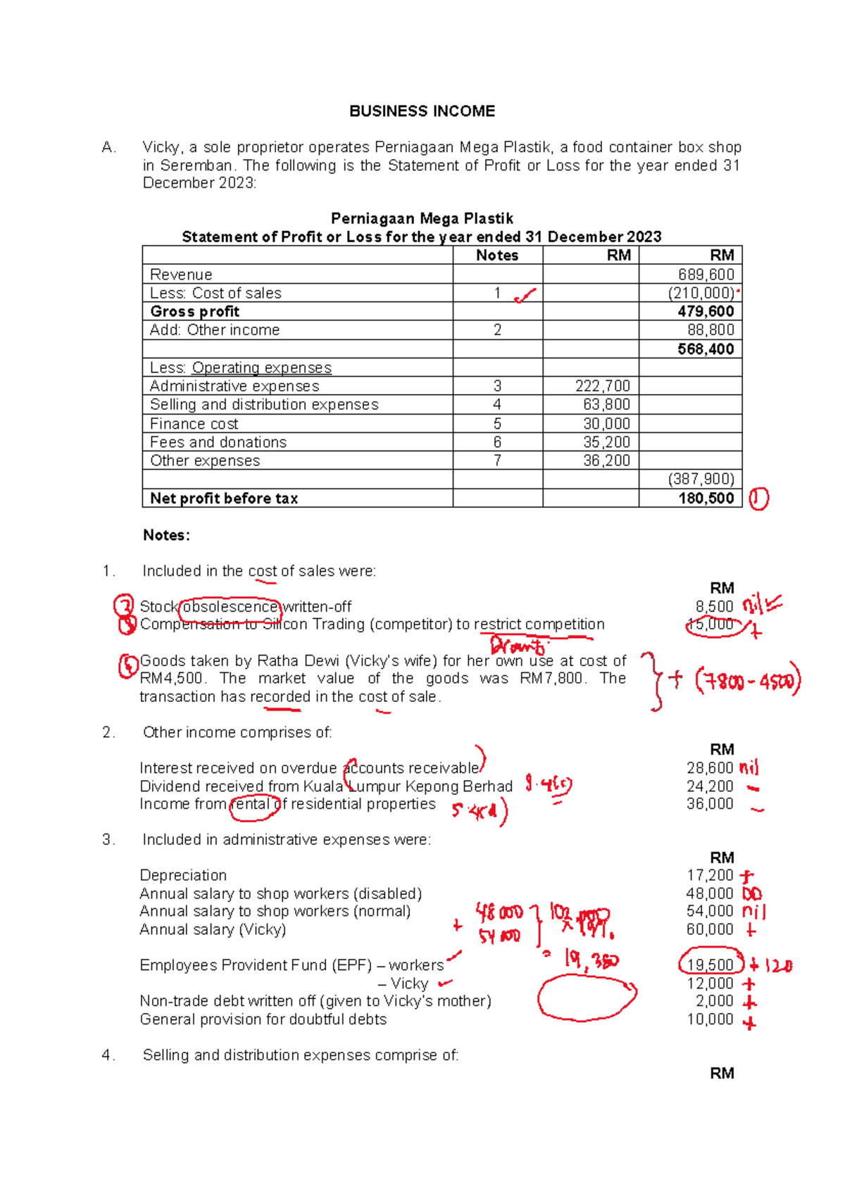 Business Income Practise Question - BUSINESS INCOME A. Vicky, a sole ...