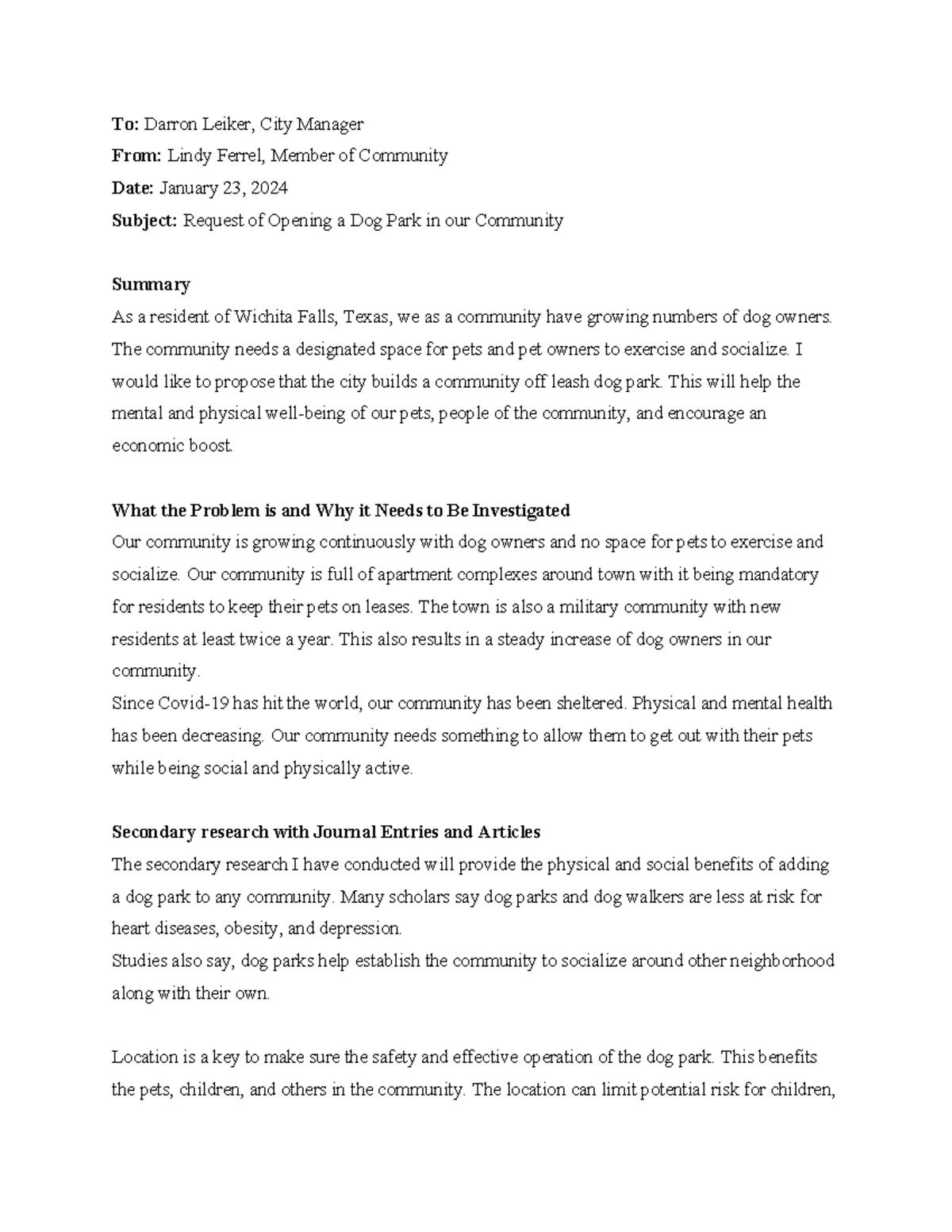 Final Business Report - To: Darron Leiker, City Manager From: Lindy ...