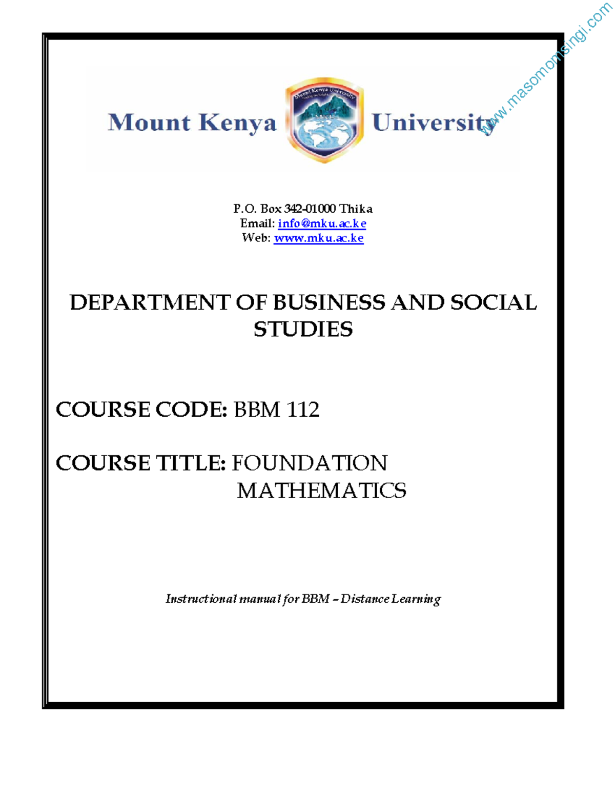 BBM 112 Foundation Mathematics - Instructional manual for BBM – Distance Learning P. Box 342 ...