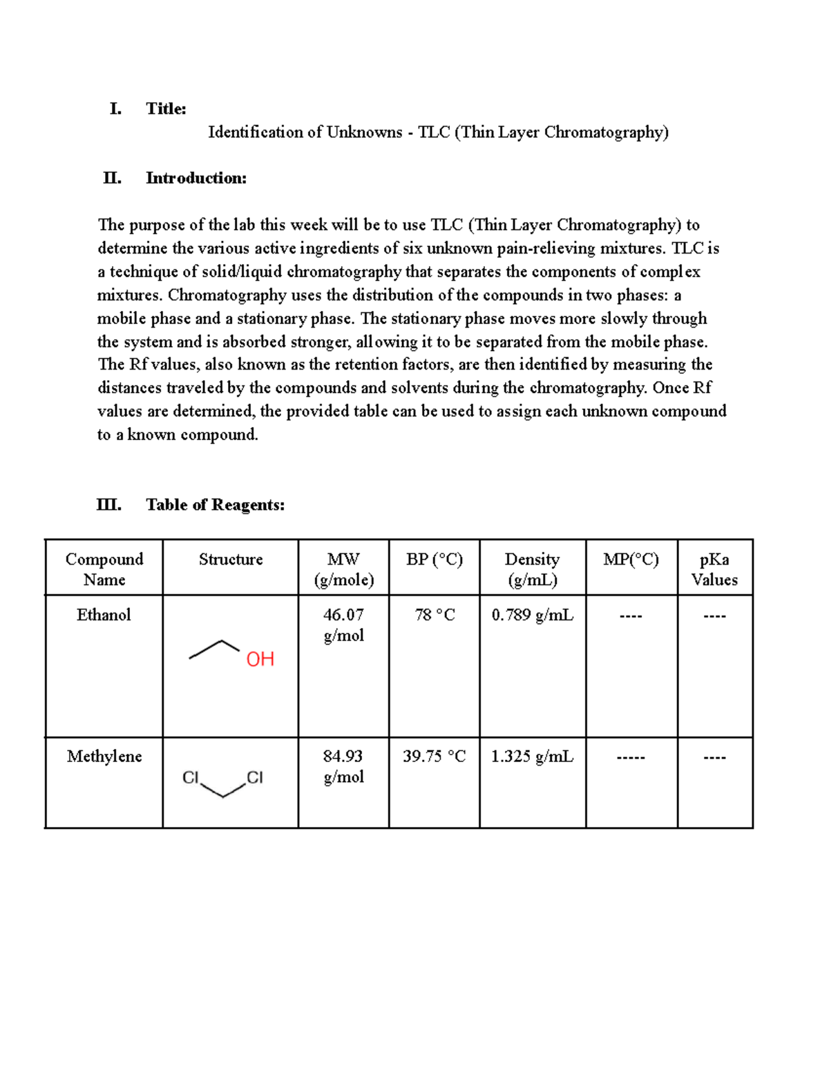 Lab #4 - I. Title: Identification of Unknowns - TLC (Thin Layer ...