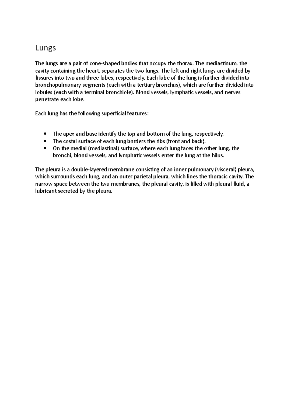 Lungs - lecture notes - Lungs The lungs are a pair of cone‐shaped ...