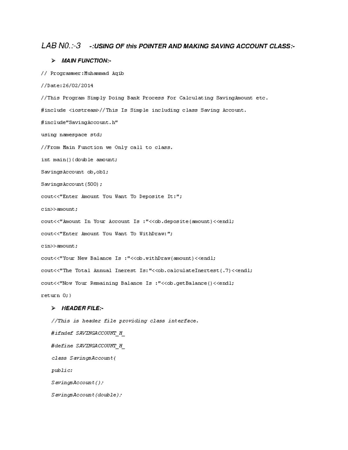 LAB NO - lab report - LAB N0.:-3 -:USING OF this POINTER AND MAKING ...
