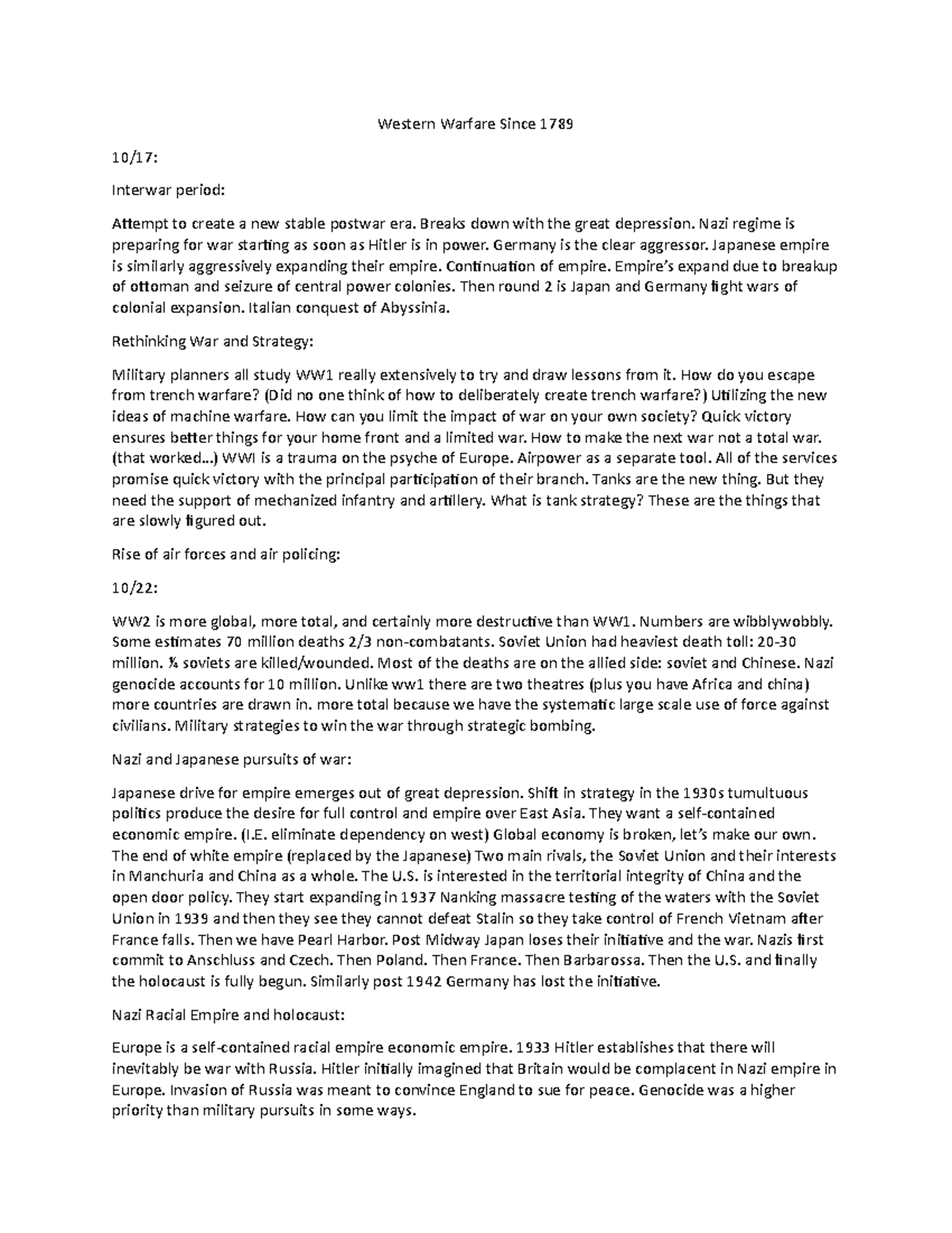 Western Warfare Notes For Test2 - Western Warfare Since 1789 Interwar ...
