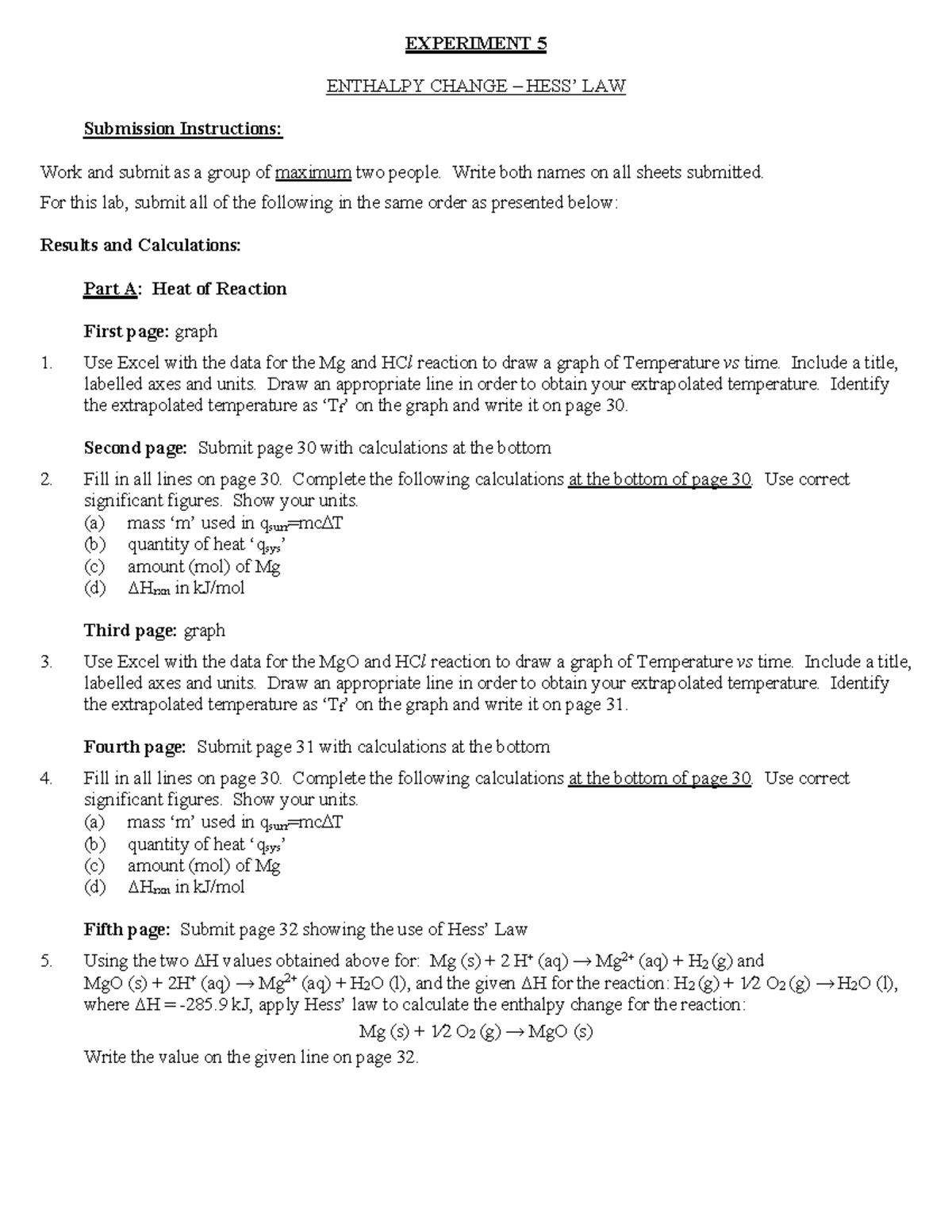 NYA Lab 5 Enthalpy Change Hess Law Submission Instructions A20 ...