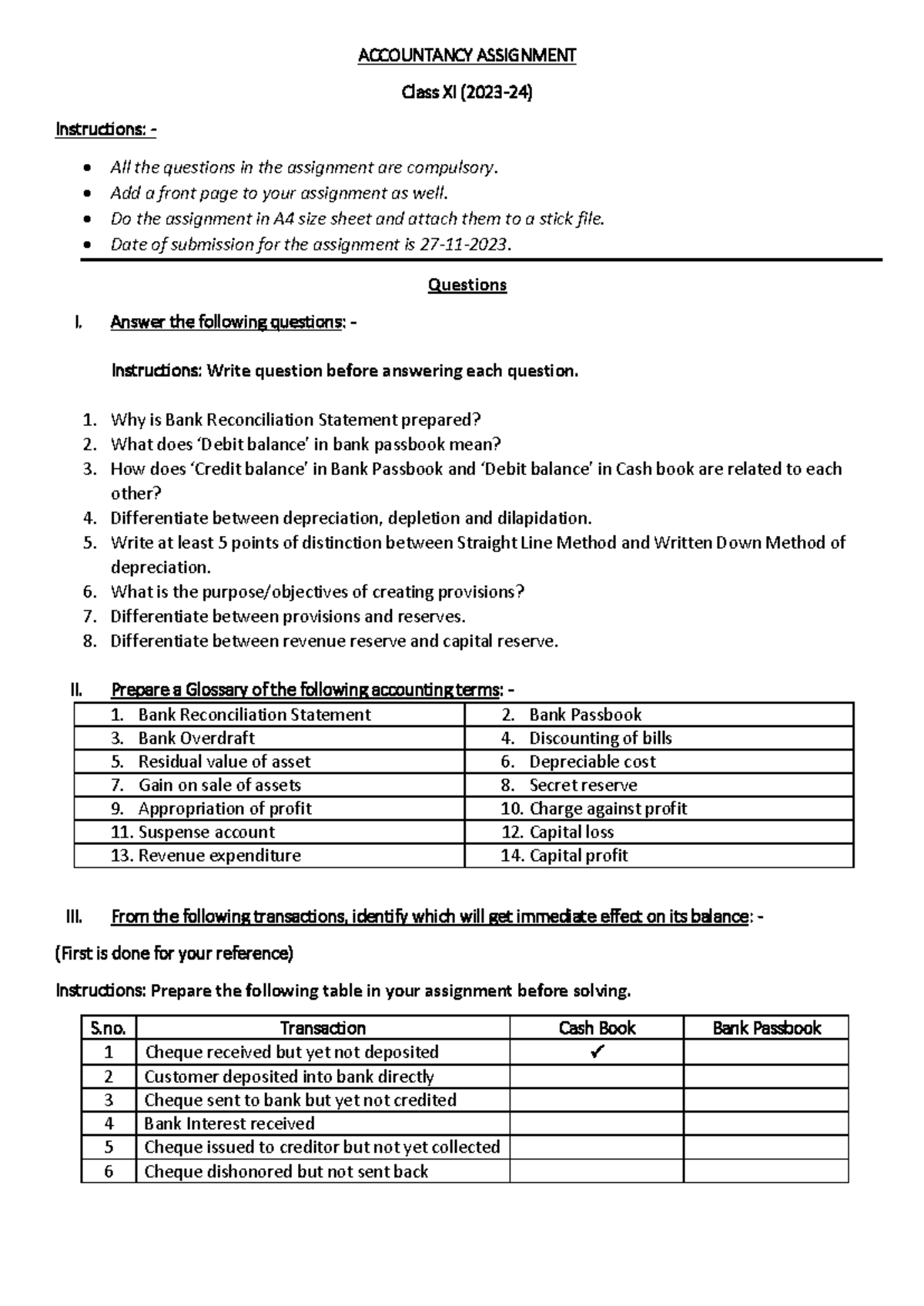Accountancy Assignment - ACCOUNTANCY ASSIGNMENT Class XI (2023-24) Instructions: - All the - Studocu