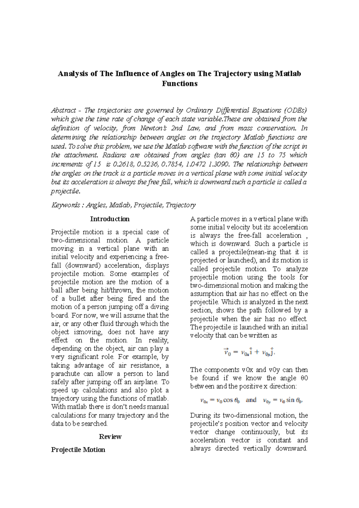 Analysis of The Influence of Angles on The Trajectory using Matlab ...