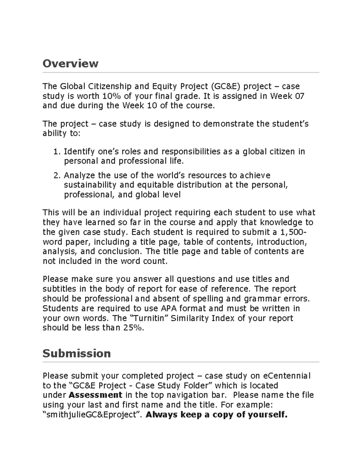 Assignment Global Citizenship and Equity Project – Case Study ...