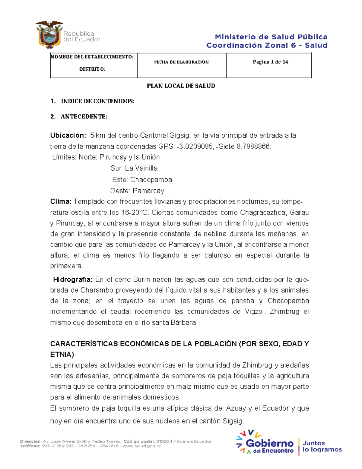 Modelo PLAN Local DE Salud(1) Zhimbrug - DISTRITO: FECHA DE ELABORACIÓN ...