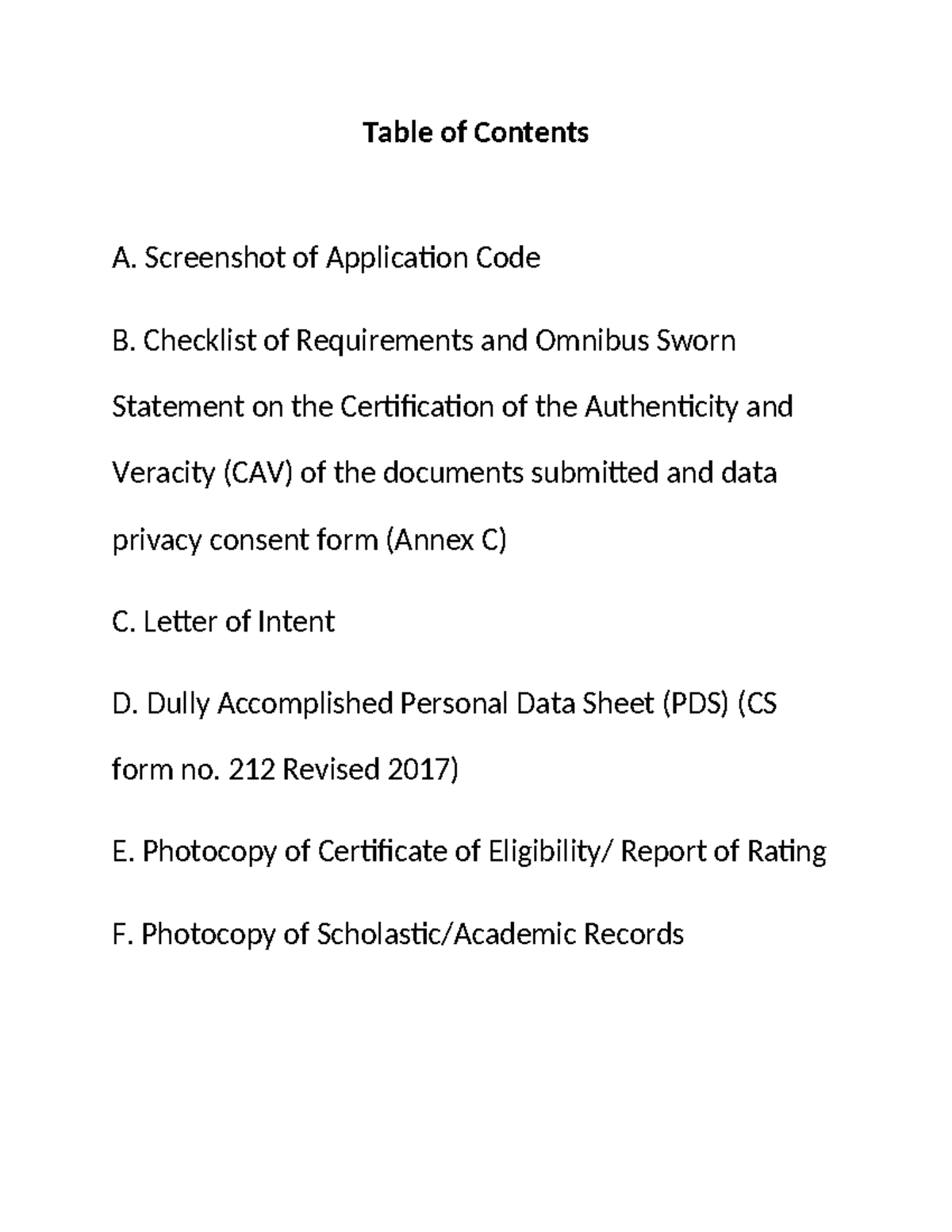 Table of Contents Basic req - Bachelors in Science in Nursing - Table of Contents A. Screenshot ...