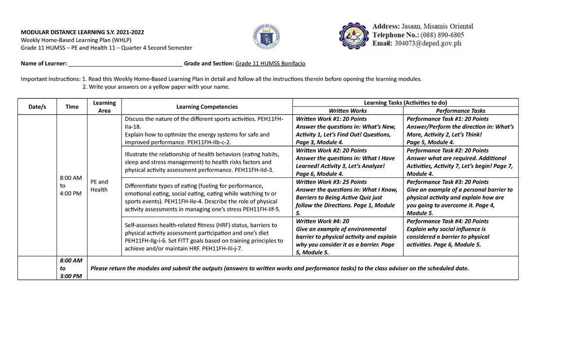 Q4 2ND SEM SY 2021 2022 WHLP G11 Humss Bonifacio PE - MODULAR DISTANCE ...