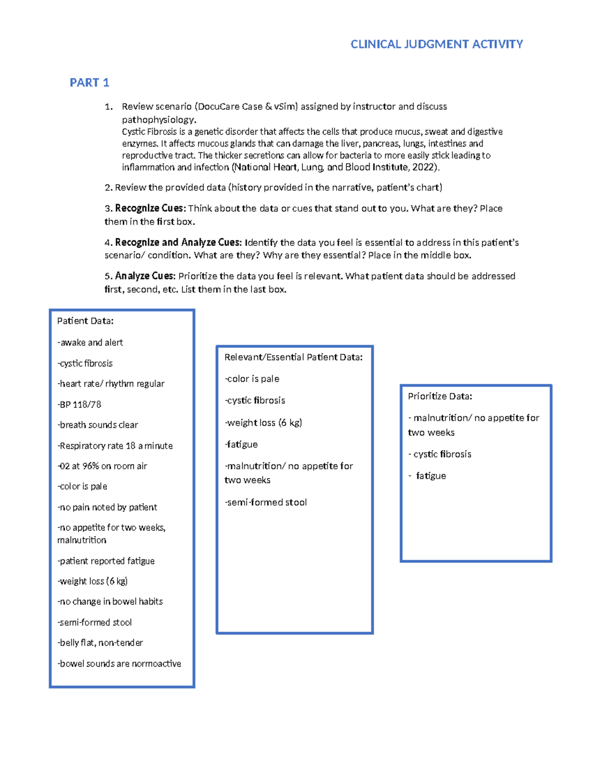 Pre-Clinical Worksheet- chris - CLINICAL JUDGMENT ACTIVITY PART 1 1 ...