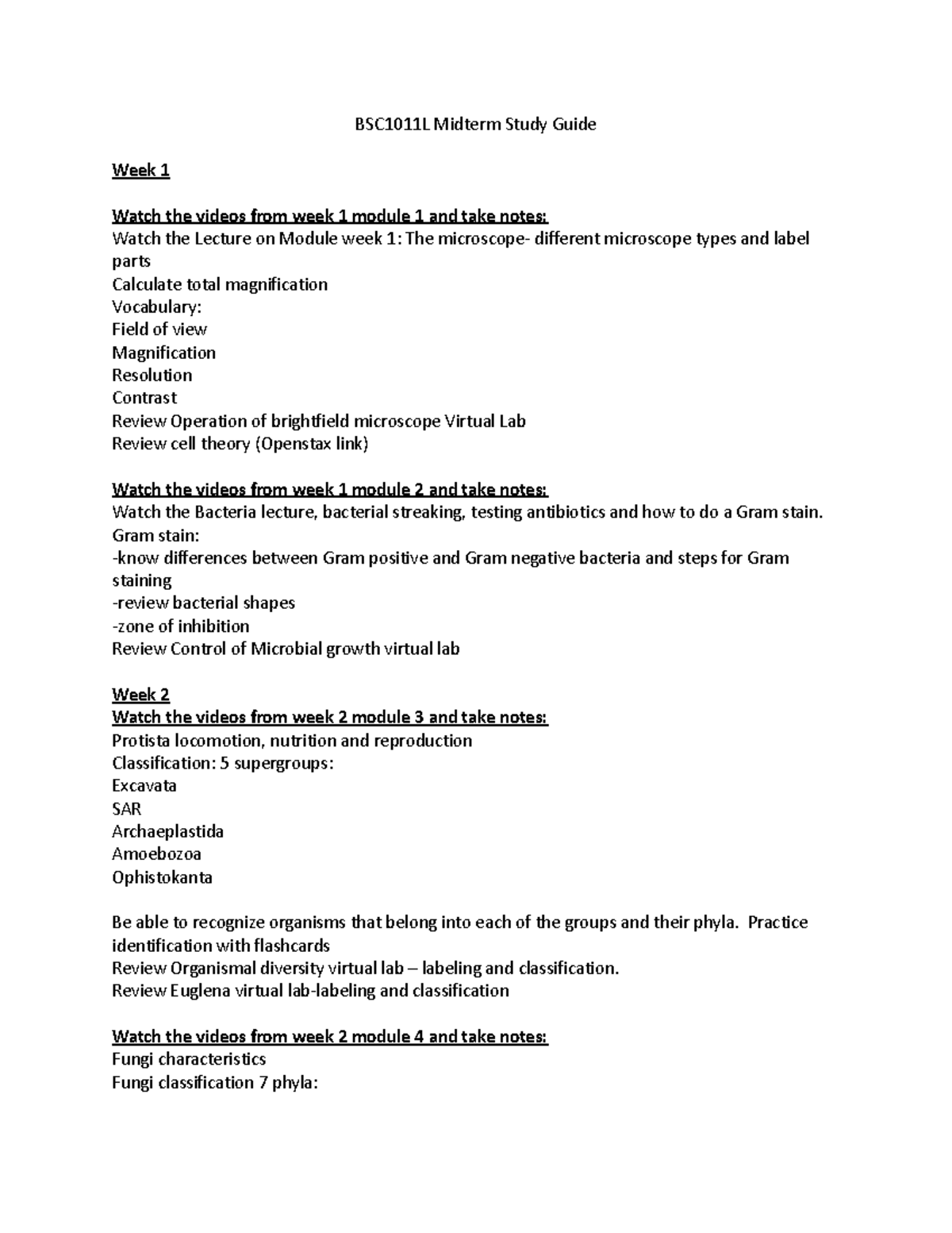 BSC1011L Midterm Study Guide - BSC1011L Midterm Study Guide Week 1 Watch the videos from week 1 ...