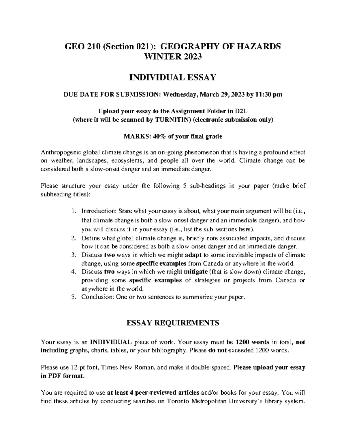 GEO 210 (21) - Individual Essay Requirements - Winter 2023 - GEO 210 ...