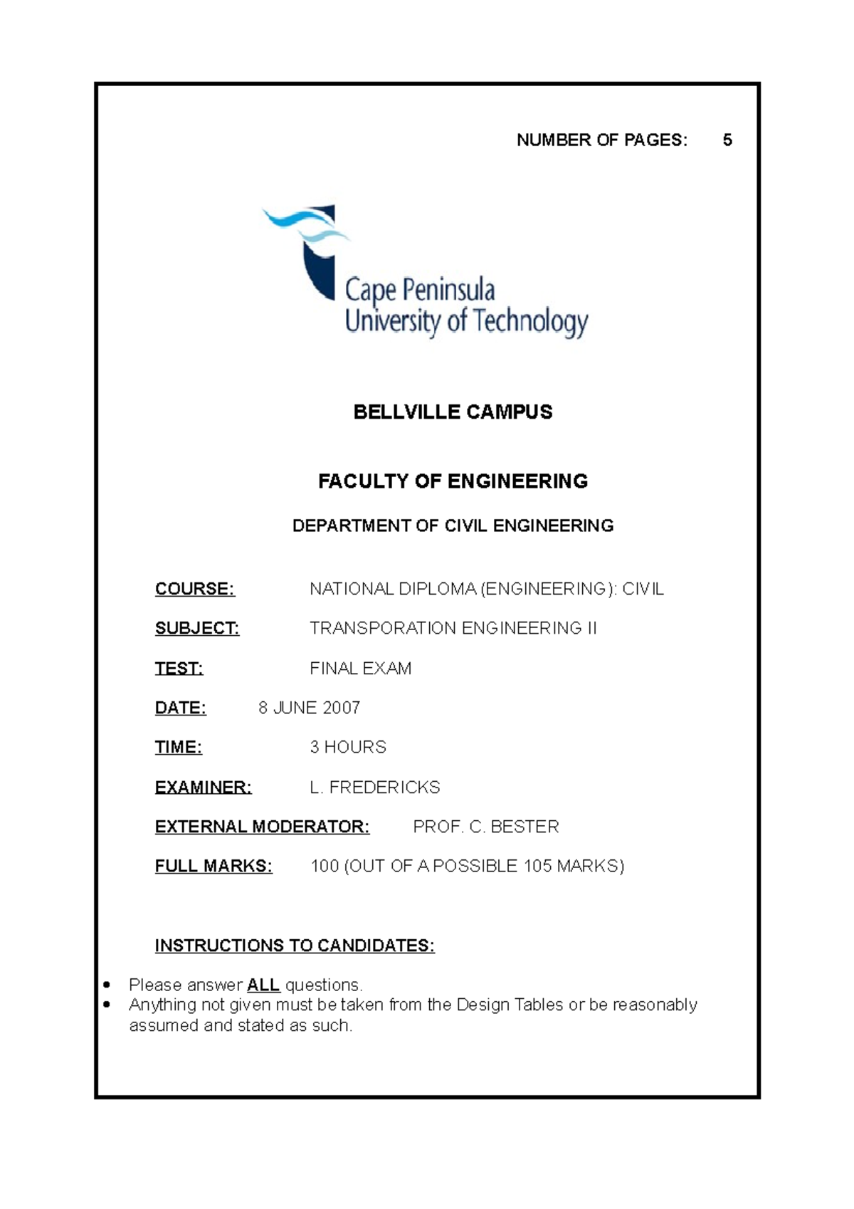 Transportation Engineering- Final-TEST-1-2007 - NUMBER OF PAGES: 5 ...