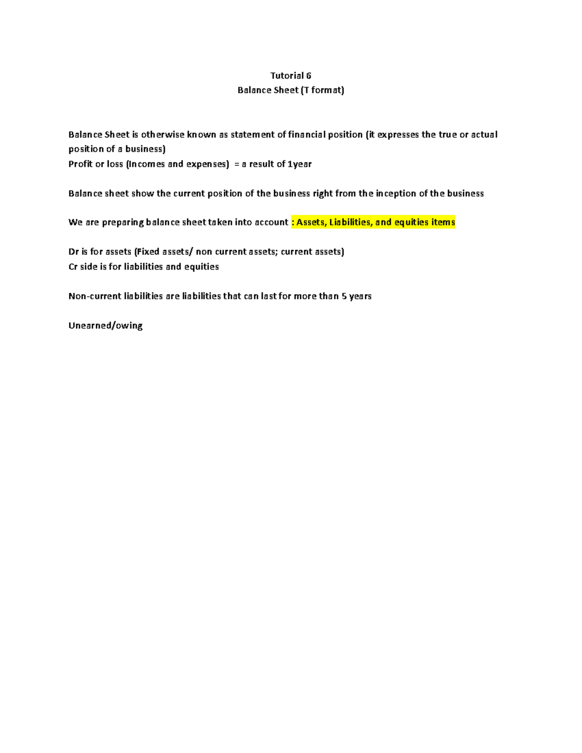 Balance Sheet T format - Tutorial 6 Balance Sheet (T format) Balance ...