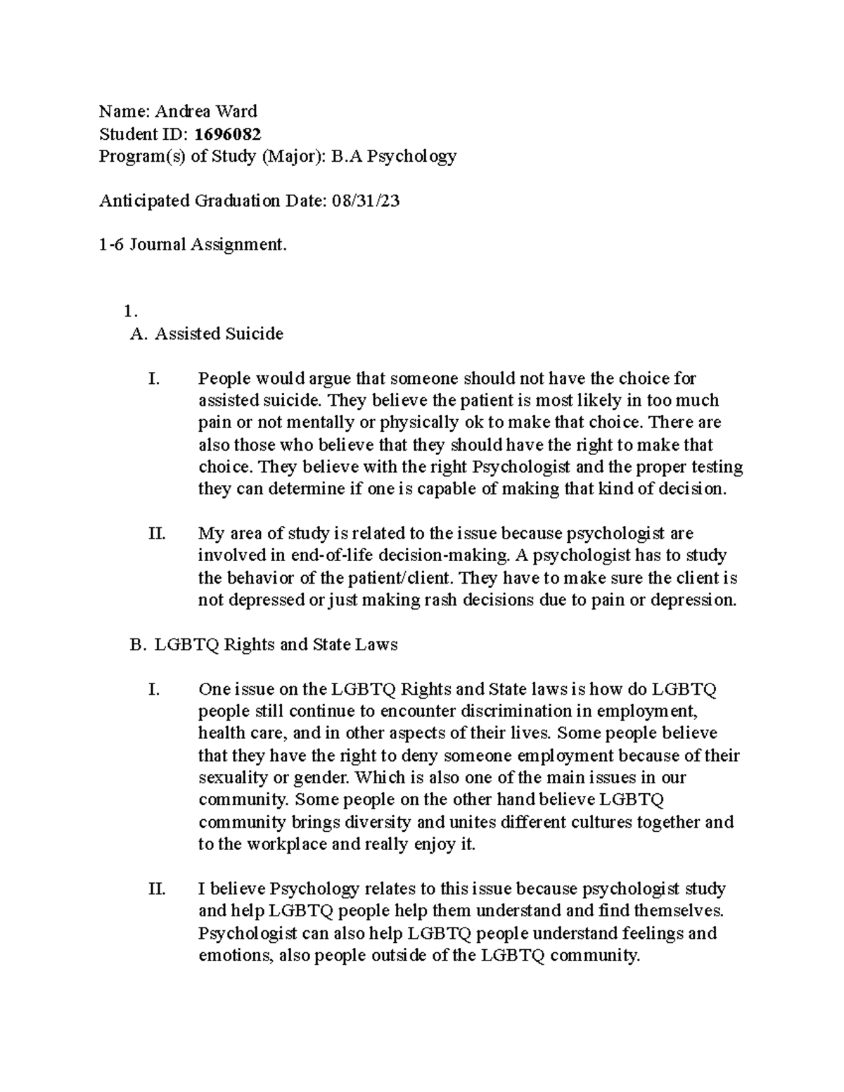 1-6 journal assignment - Name: Andrea Ward Student ID: 1696082 Program ...