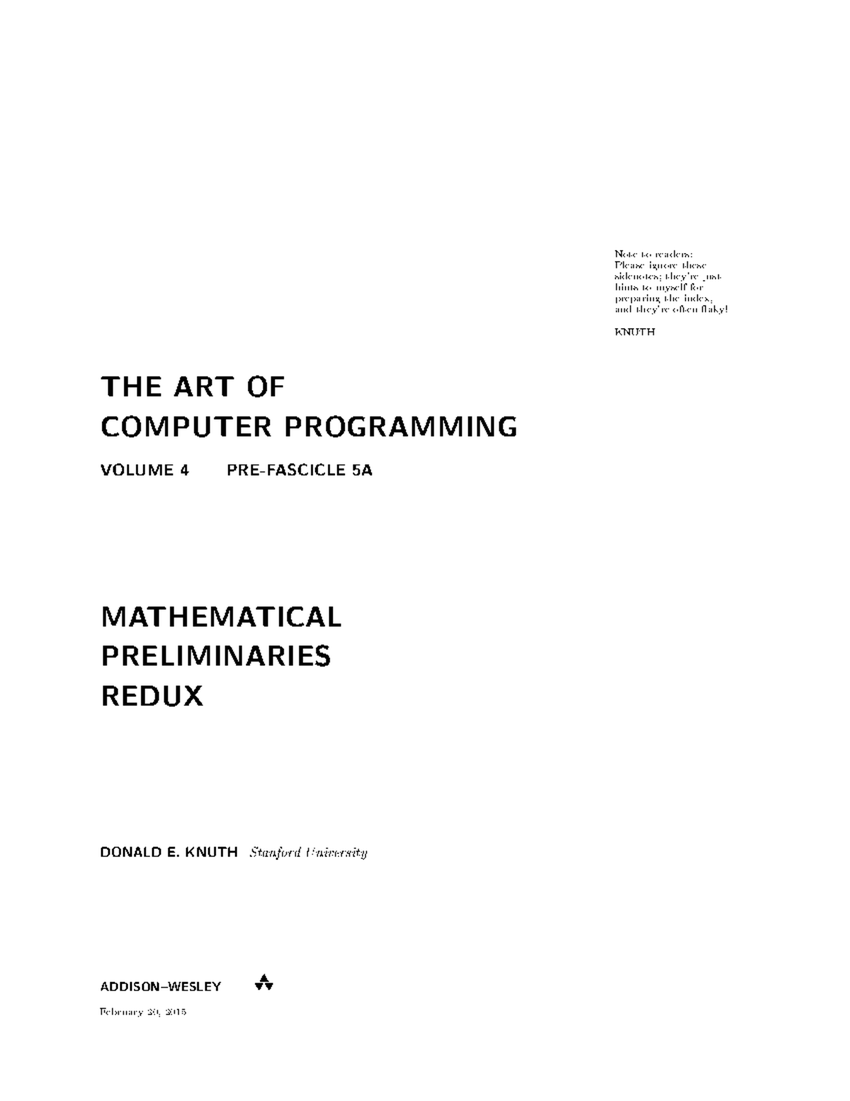 Algo-The Art of Computer Programming. Volume 4, Pre-Fascicle 5A ...