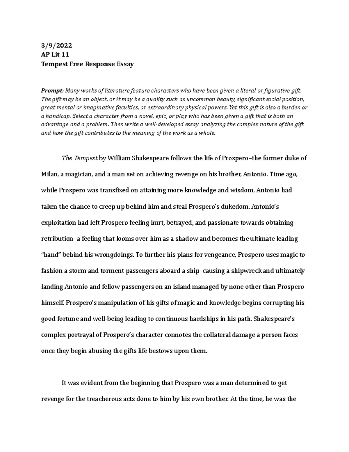The Tempest FRQ Essay - 3/9/ AP Lit 11 Tempest Free Response Essay ...