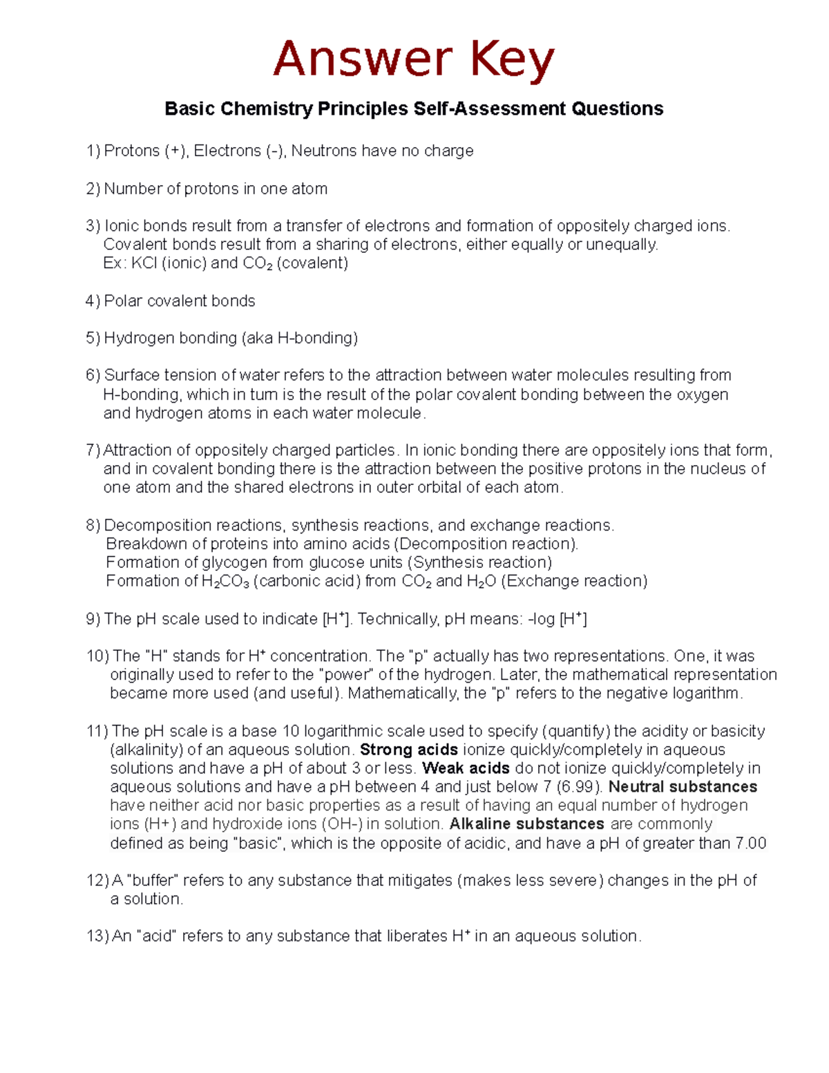 BIO 130 - Basic Chemistry Principles Self-Assessment Questions (Answer ...