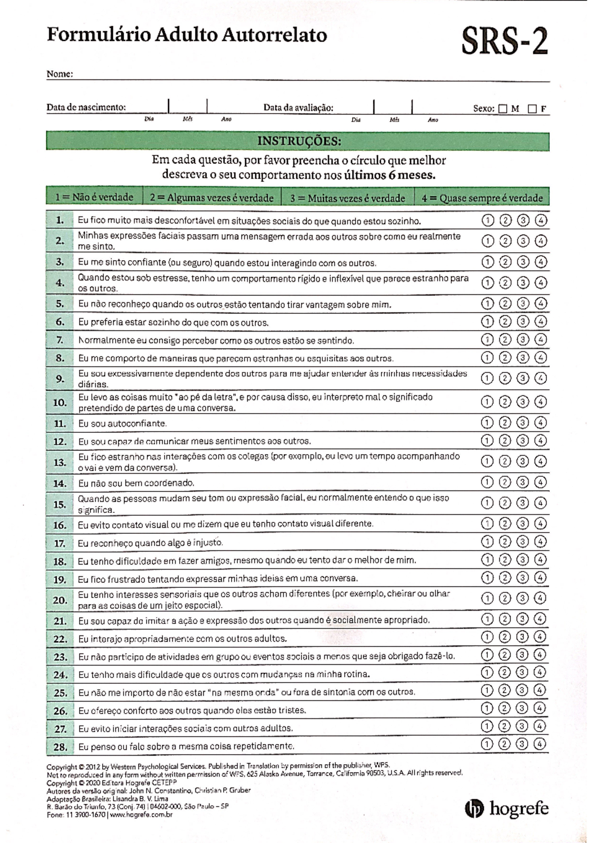 SRS-2-Autorelato para imprimir - Formulário Adulto Autorrelato Nome ...