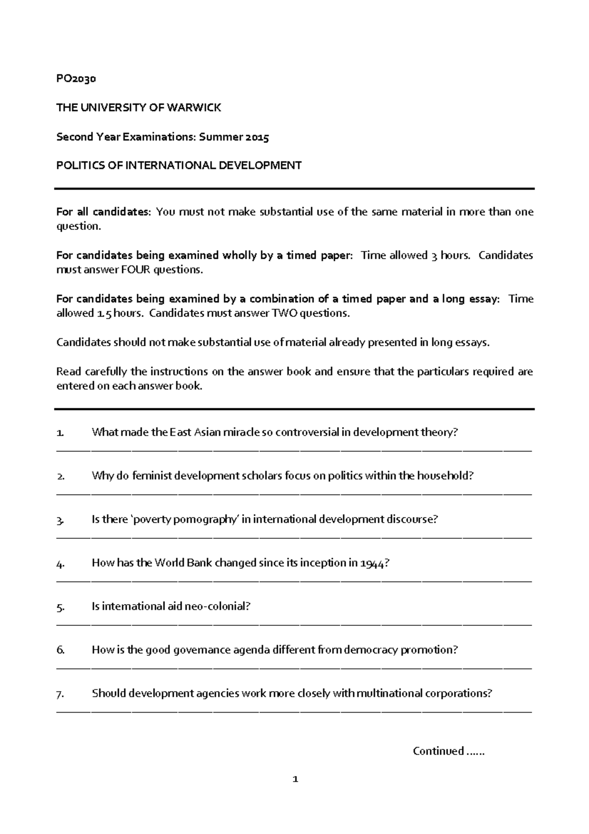 PO203 Politics of International Development: Practice Material 2015 - 1 ...