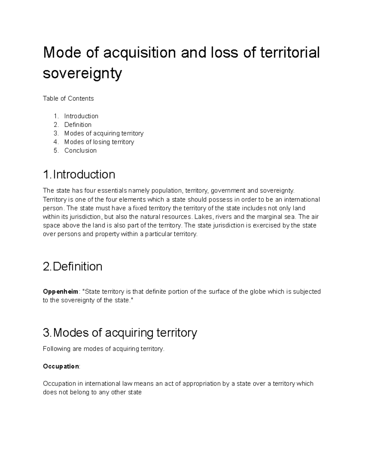 Mode of acquisition and loss of territorial sovereignty - Introduction ...