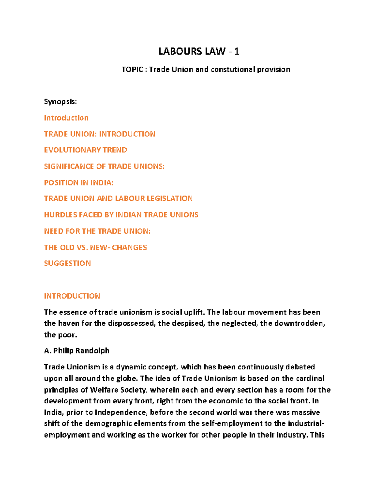 Labour LAW 1.. 2022 - notes - Llb 3 years - KSLU - StuDocu