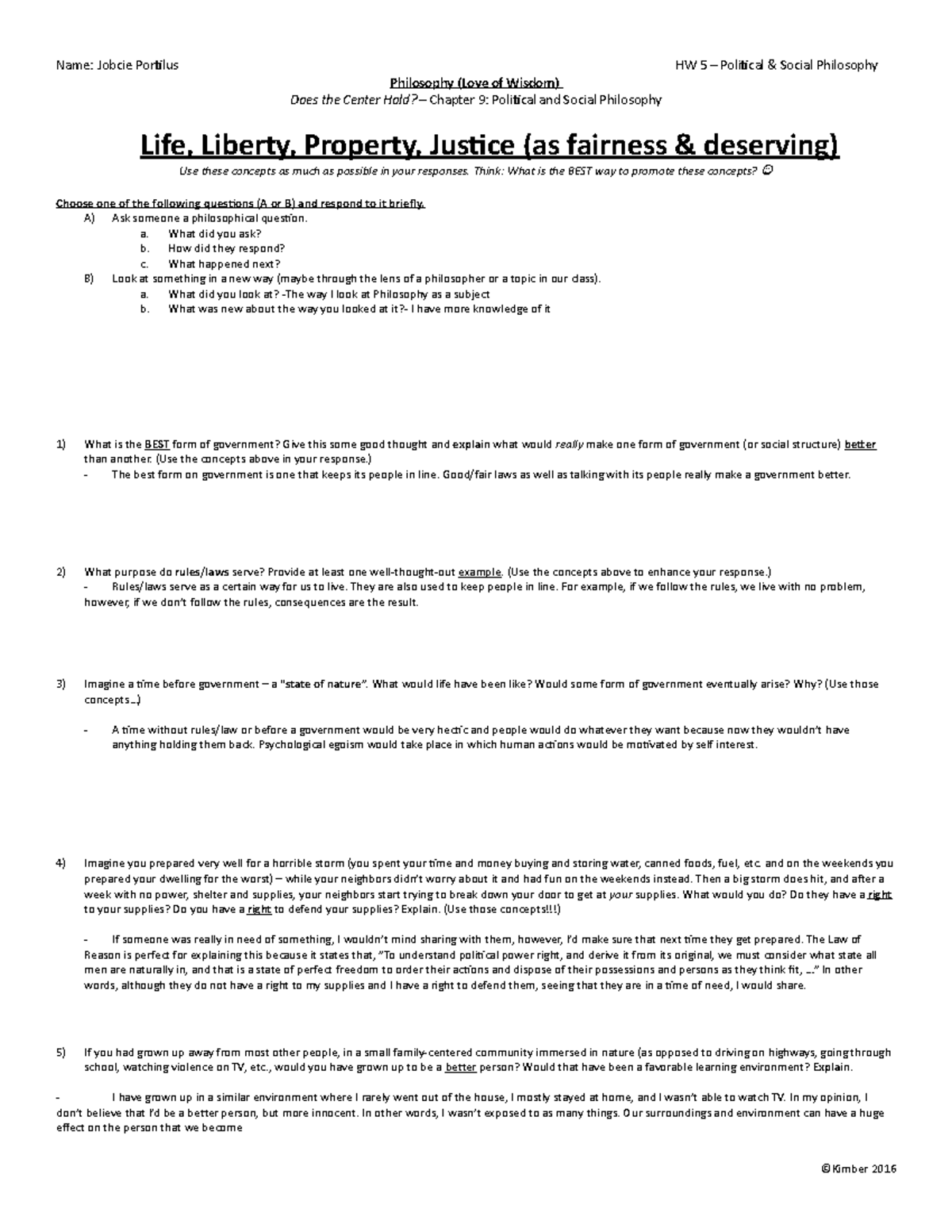 HW 5 Political & Social Philosophy - Name: Jobcie Portilus HW 5 ...