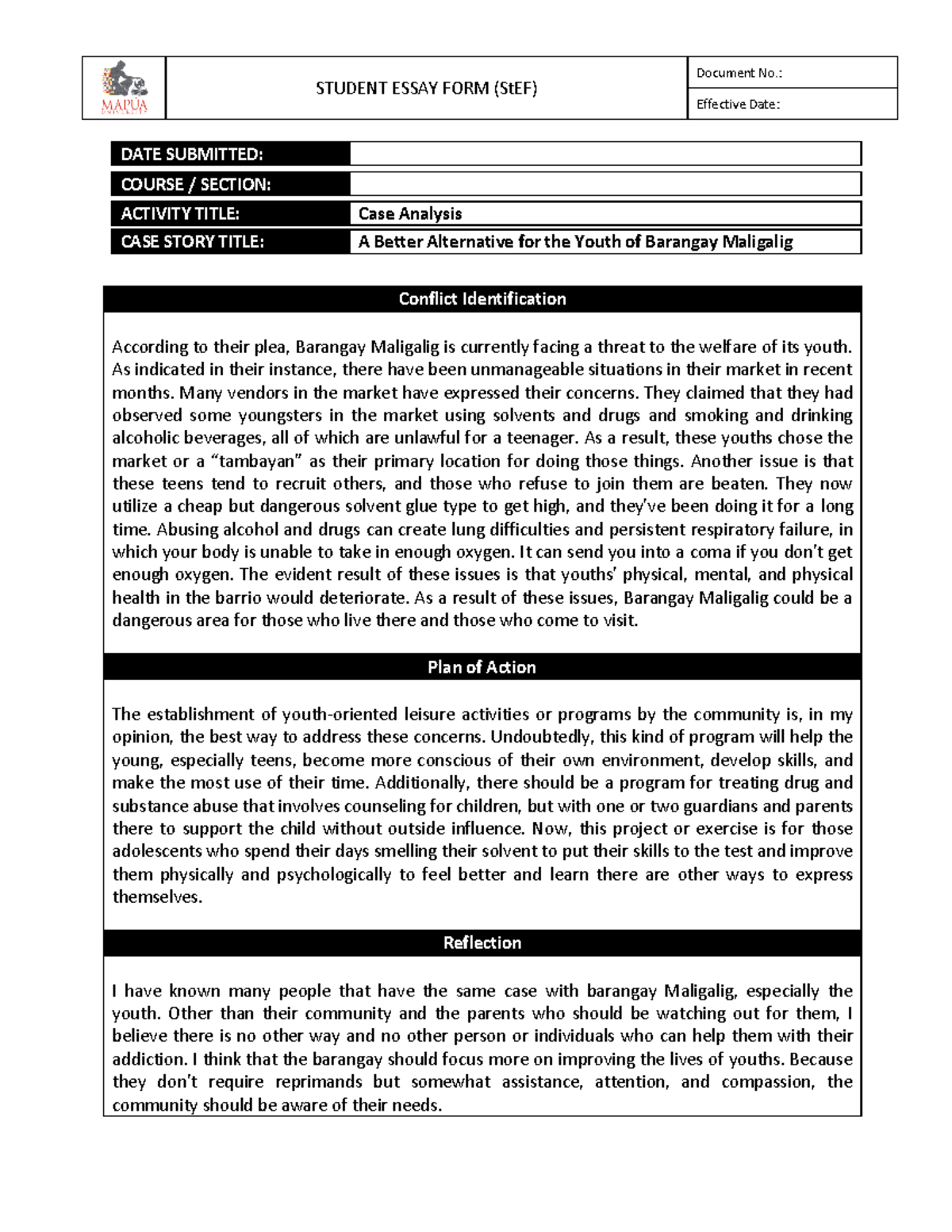 Kffffff - mapua nstp - STUDENT ESSAY FORM (StEF) Document No ...