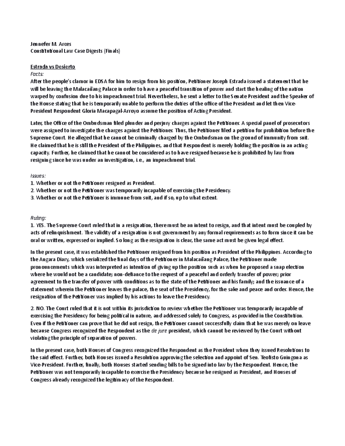 Case Digest - Jennefer M. Arces Constitutional Law Case Digests (Finals ...