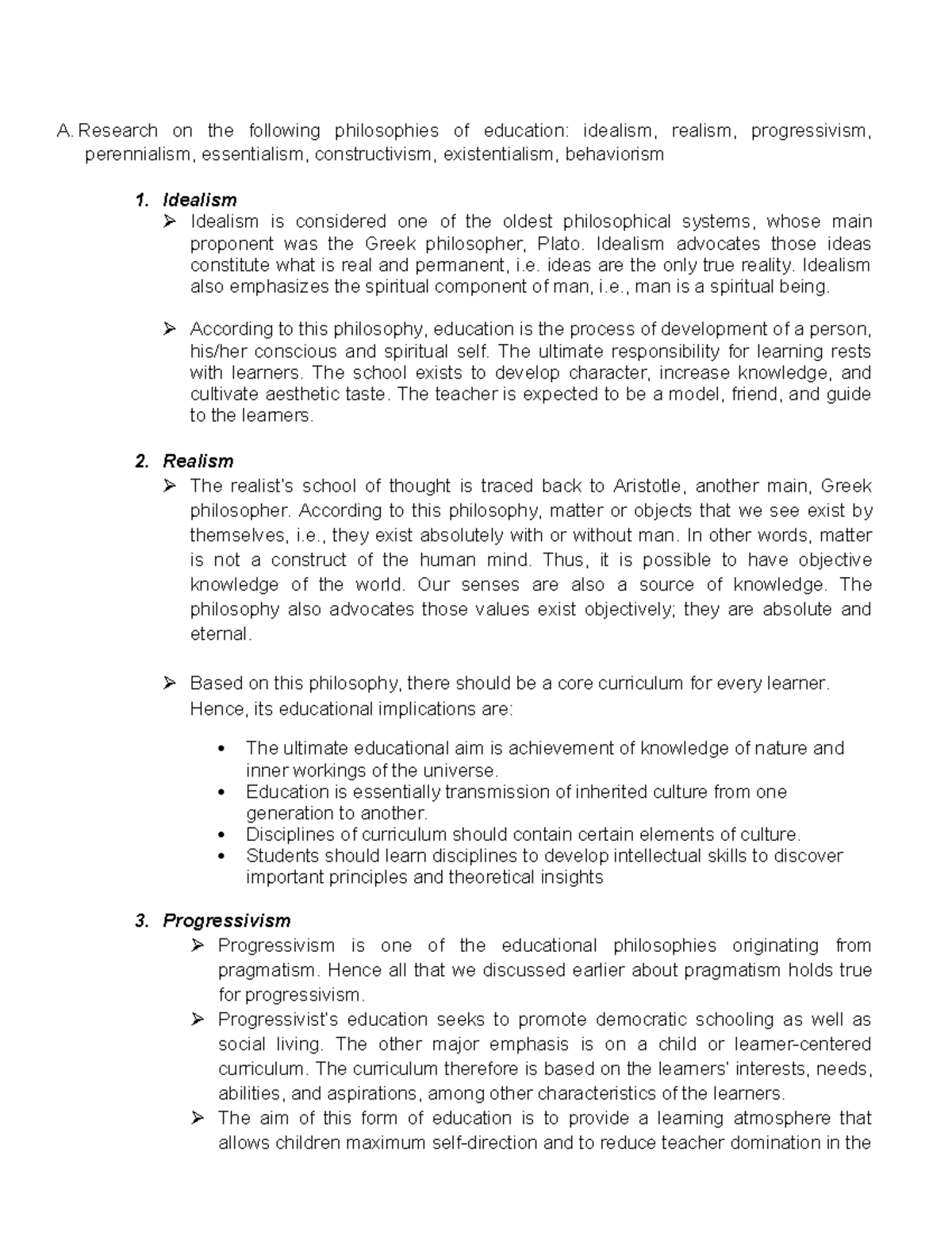 Profed Philosophy OF Education - A. Research on the following ...