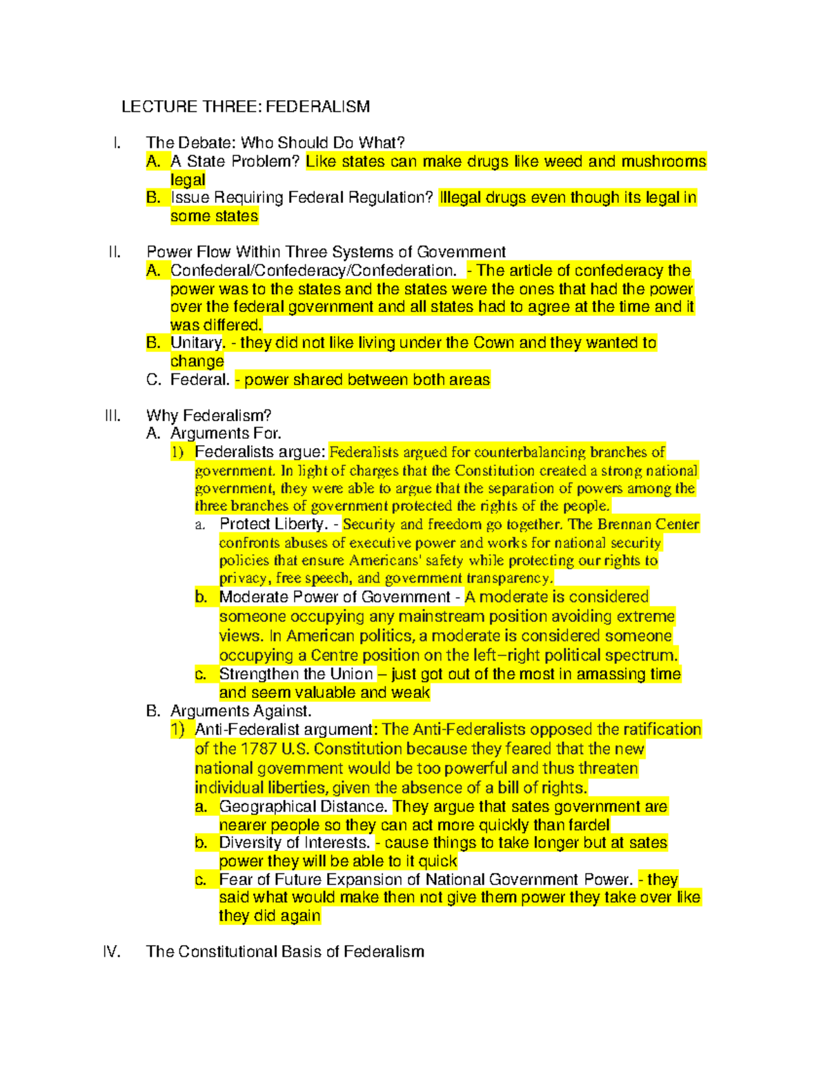 American Federalism (Outline) print - LECTURE THREE: FEDERALISM I. The ...